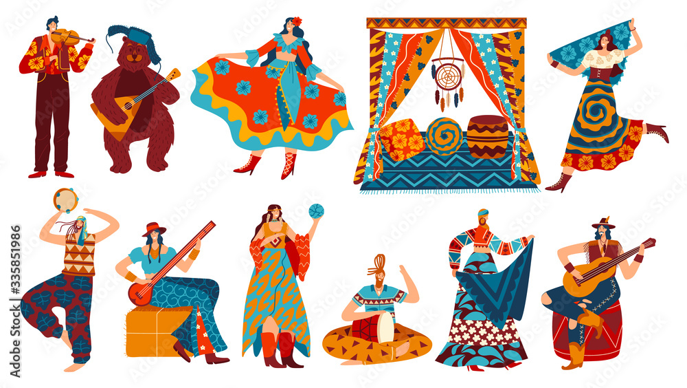Gypsy cartoon characters in boho style, people in ethnic costumes ...