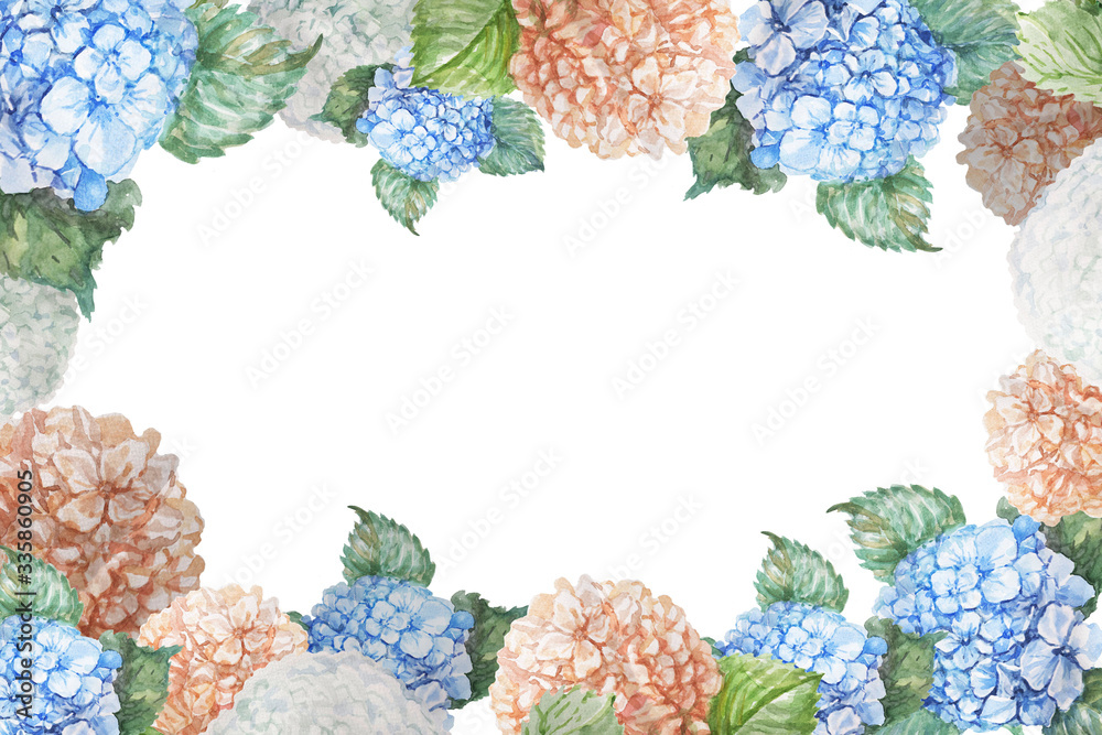 Hydrangea flowers postcard frame border on a white background ...