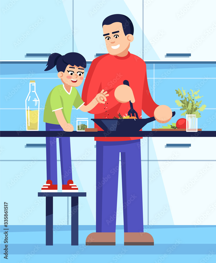 Father and daughter making salad together semi flat vector illustration ...