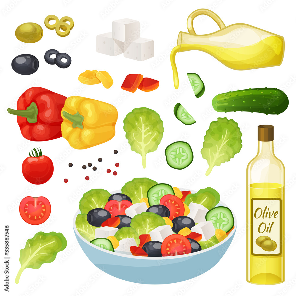 Isometric greek salad vector illustration. 3d cartoon healthy food menu ...