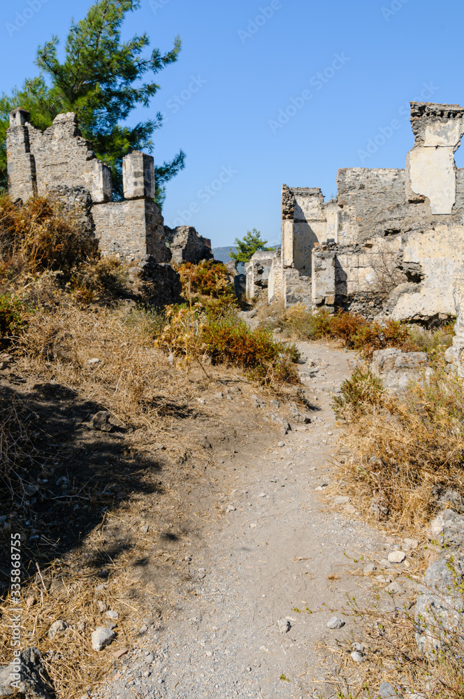 Ruins at the former Greek village of Kayakoy in Turkey, abandoned 1922 ...