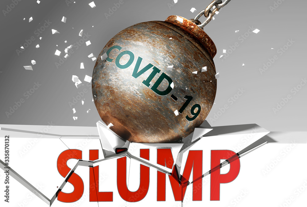 Slump and coronavirus, symbolized by the virus destroying word Slump to ...