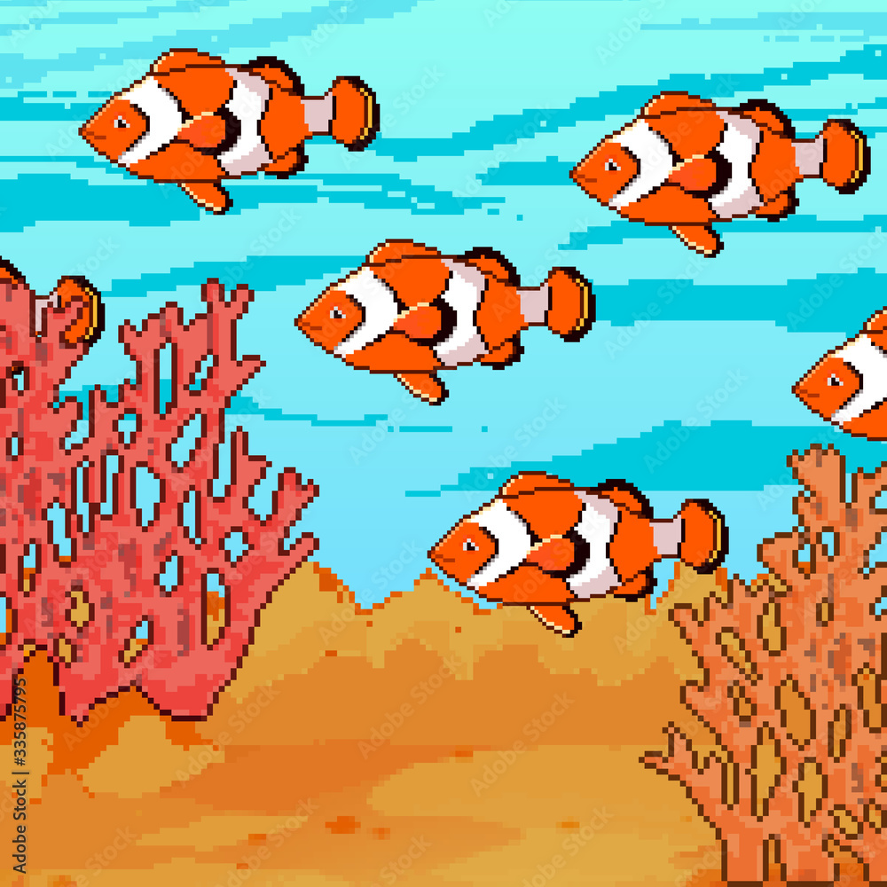 Pixel coral reef and sea creatures, fish. Pixel art vector illustration ...