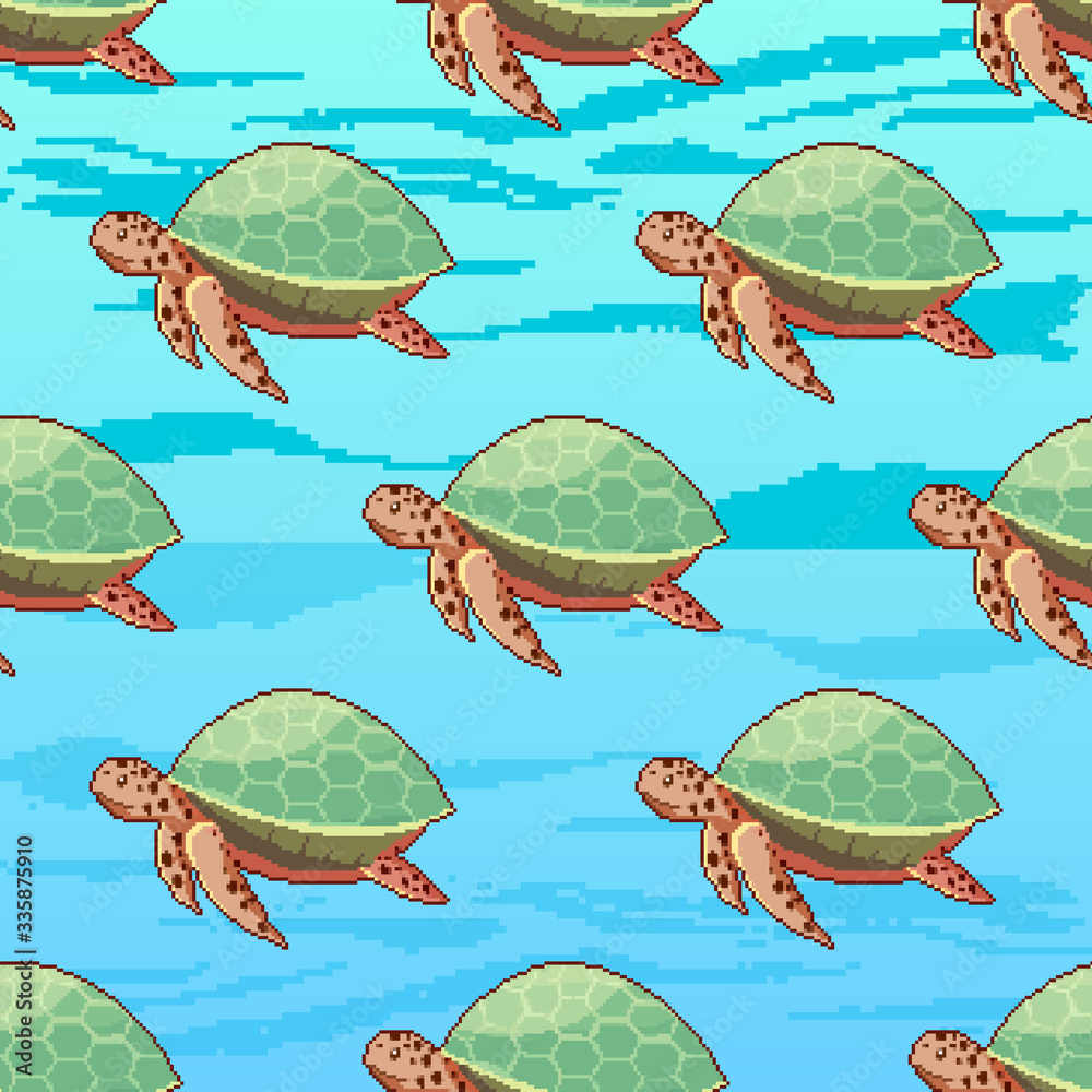 Seamless pattern with sea pixel turtles. Pixel art 8 bit. Stock Vector ...