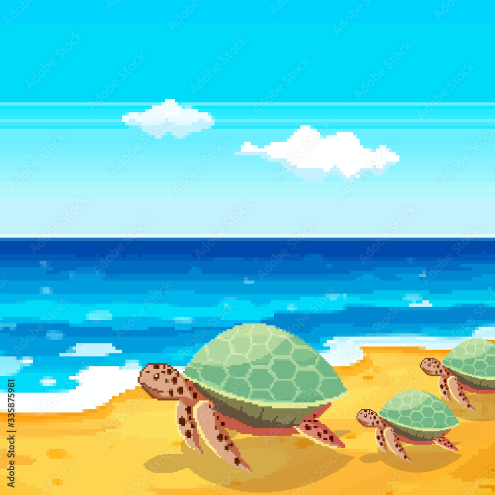 Summer pixel turtle on beach.Pixel art 8 bit. Stock Vector | Adobe Stock