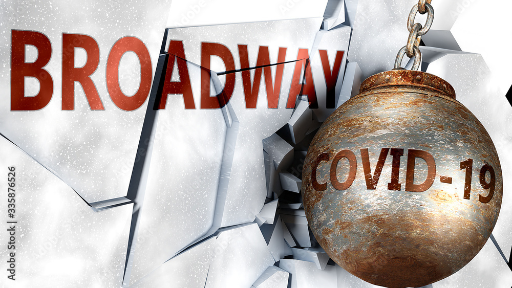 Covid and broadway, symbolized by the coronavirus virus destroying word ...