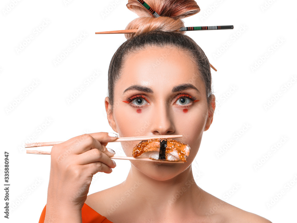 Beautiful woman with tasty sushi on white background Stock Photo ...