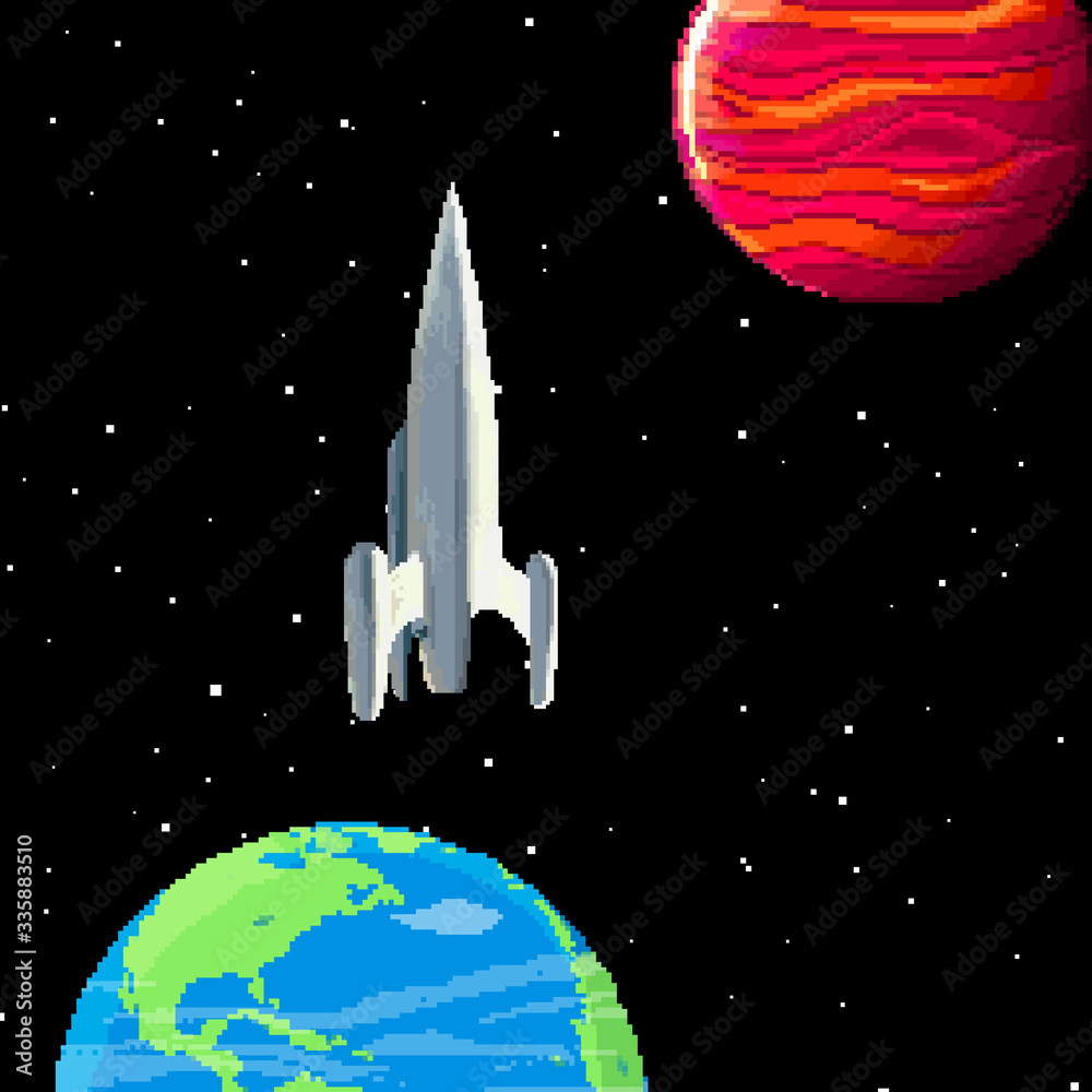 Pixel rocket in space. Pixel art 8 bit. vector de Stock | Adobe Stock
