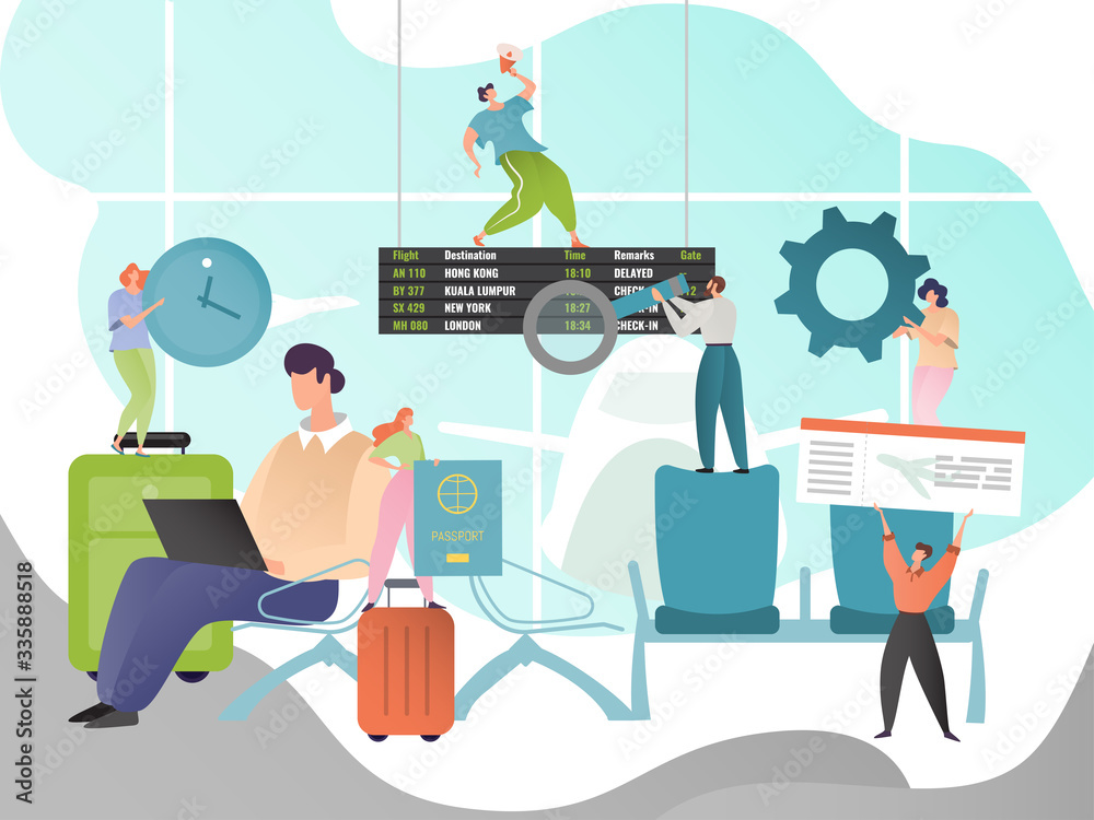 Airport check in vector illustration, person travelling with baggage ...