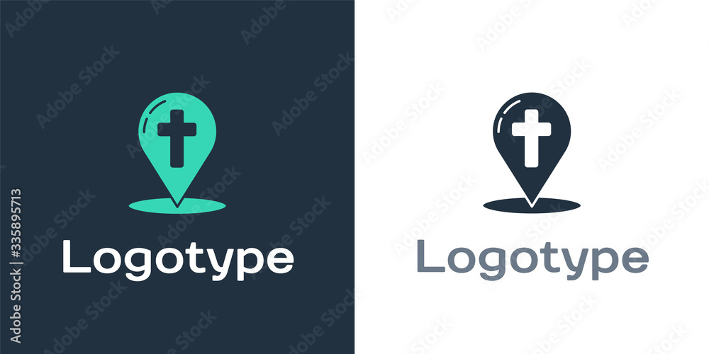 Logotype Map pointer with christian cross icon isolated on white ...