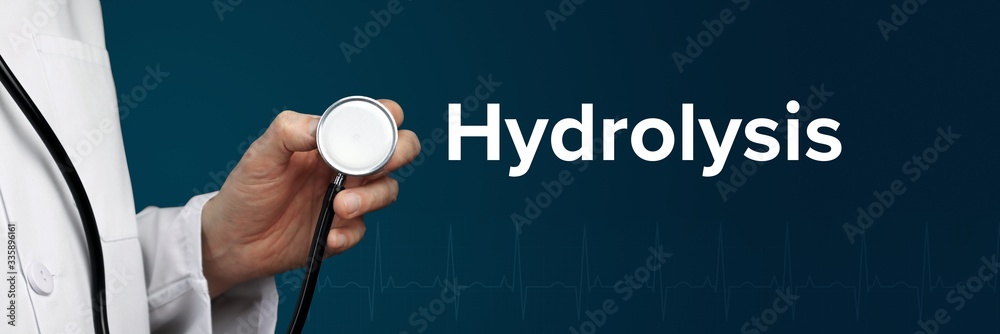 Hydrolysis. Doctor in smock holds stethoscope. The word Hydrolysis is ...