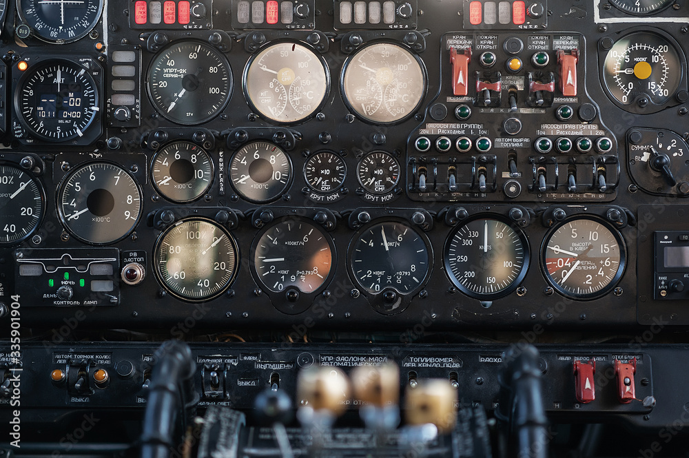 Parts of the cargo plane AN-26. Control panel in the cockpit Stock ...