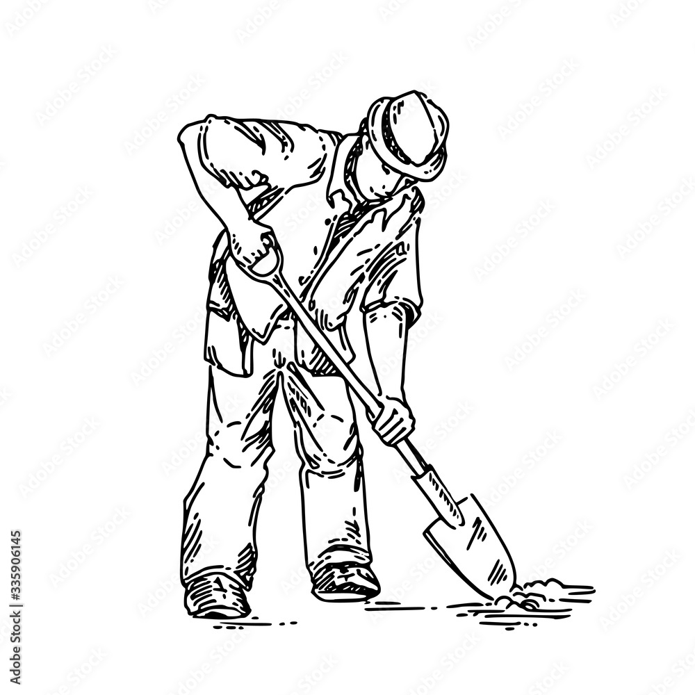 Man with shovel digging the ground. Sketch. Engraving sstyle. Vector ...