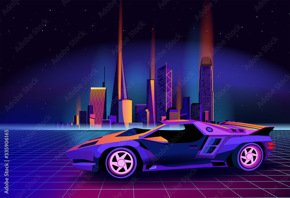 Retro future. 80s style sci-fi background with supercar. Stock Vector | Adobe Stock