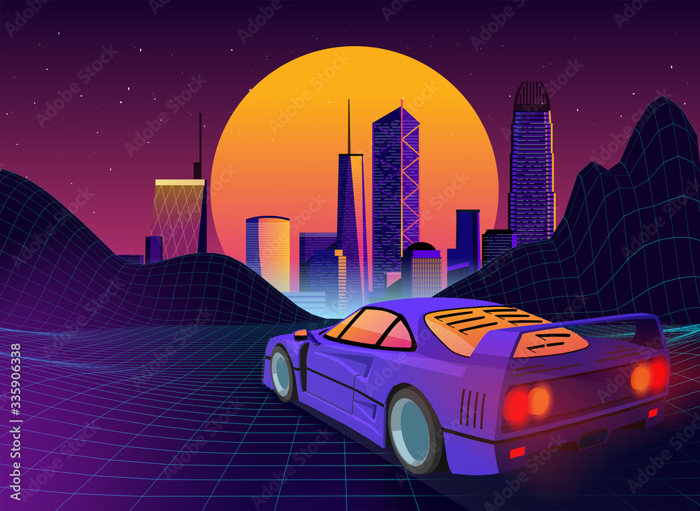 Retro future. 80s style sci-fi background with supercar. Stock Vector | Adobe Stock