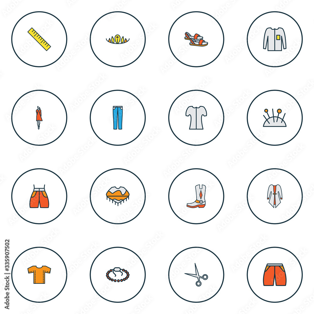 Fashion icons colored line set with diadem, shorts, sewing pattern and ...