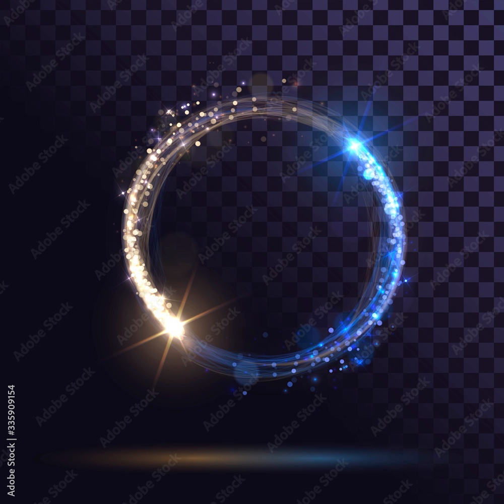 Blue and orange flashes flies in glow ring, shiny spin effect with ...
