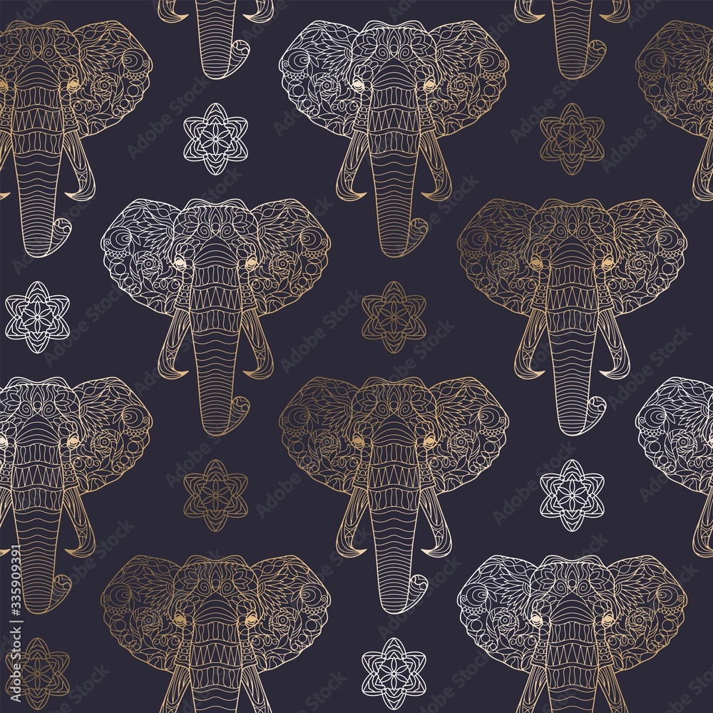 Seamless pattern with gold elephant heads on a dark background Stock ...