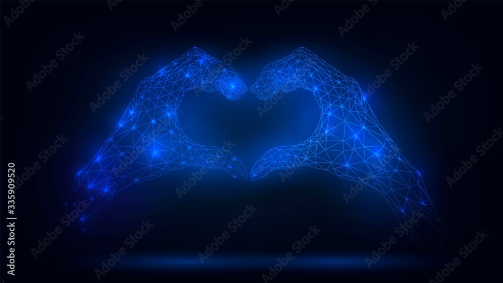 Blue glowing wireframe hands folded heart from fingers, gesture of ...