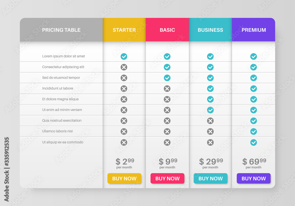 Pricing tab. Comparison pricing list, services cost table. Menu ...