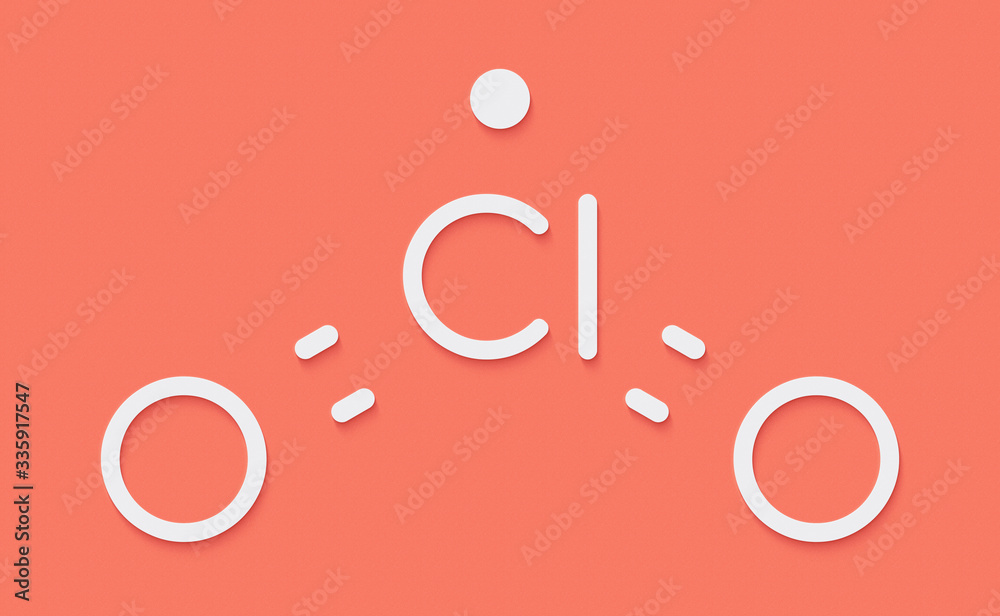 Chlorine dioxide (ClO2) molecule. Used in pulp bleaching and for ...
