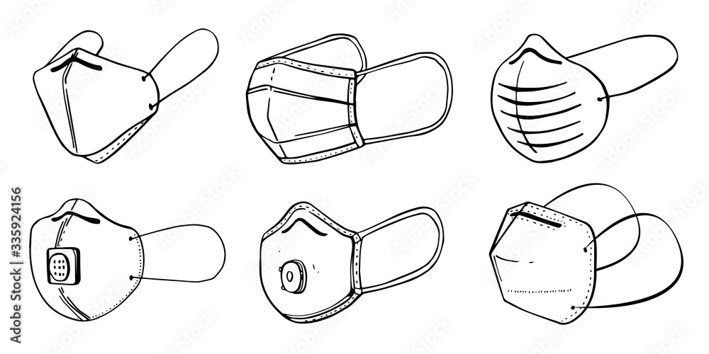 Set of different medical masks and respirators. Hand drawn vector ...