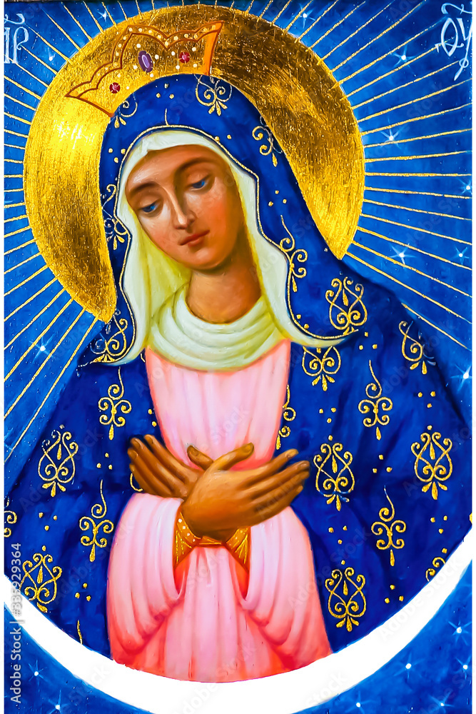 Icône russe orthodoxe sainte vierge marie dieu bleu étoile or couronne ...
