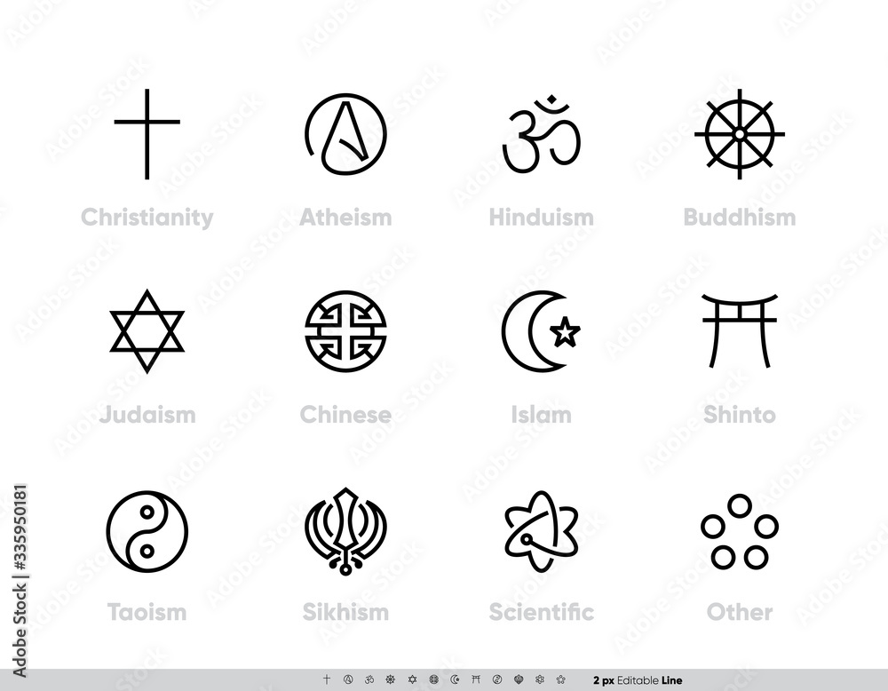 Religious Tradition Symbols set. Christianity, Atheism, Hinduism ...