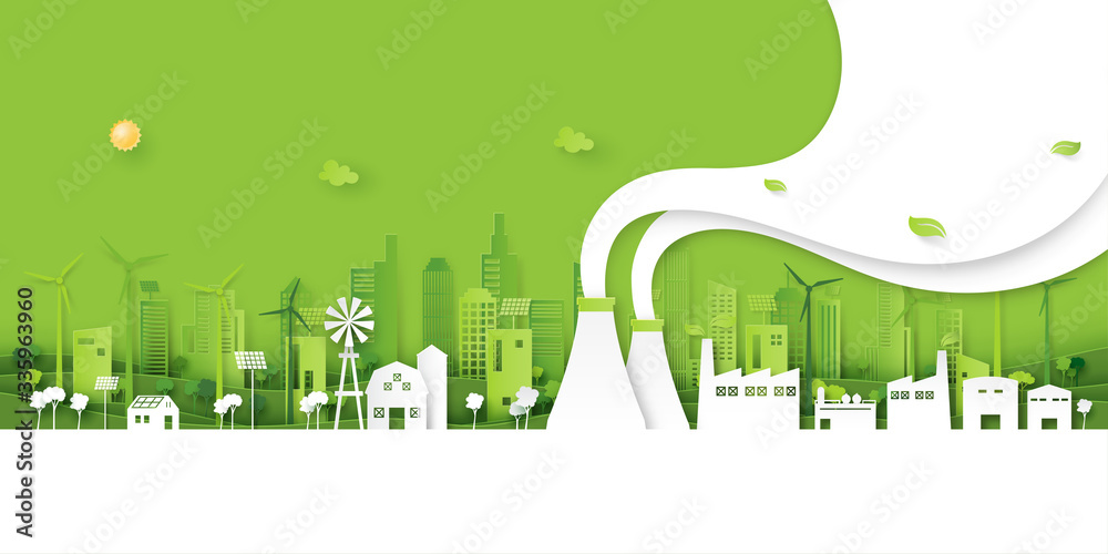 Green industry and clean energy on eco friendly cityscape background ...