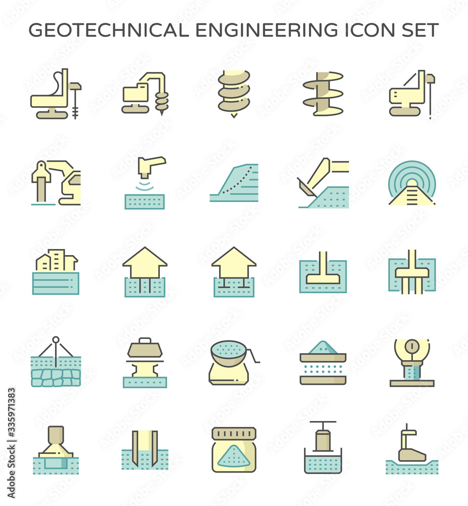 Geotechnical engineering, geotechnics and geology vector icon with ...