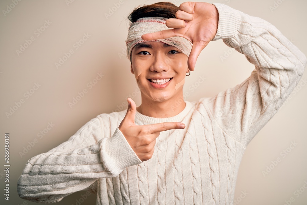 Young handsome chinese man injured for accident wearing bandage and ...
