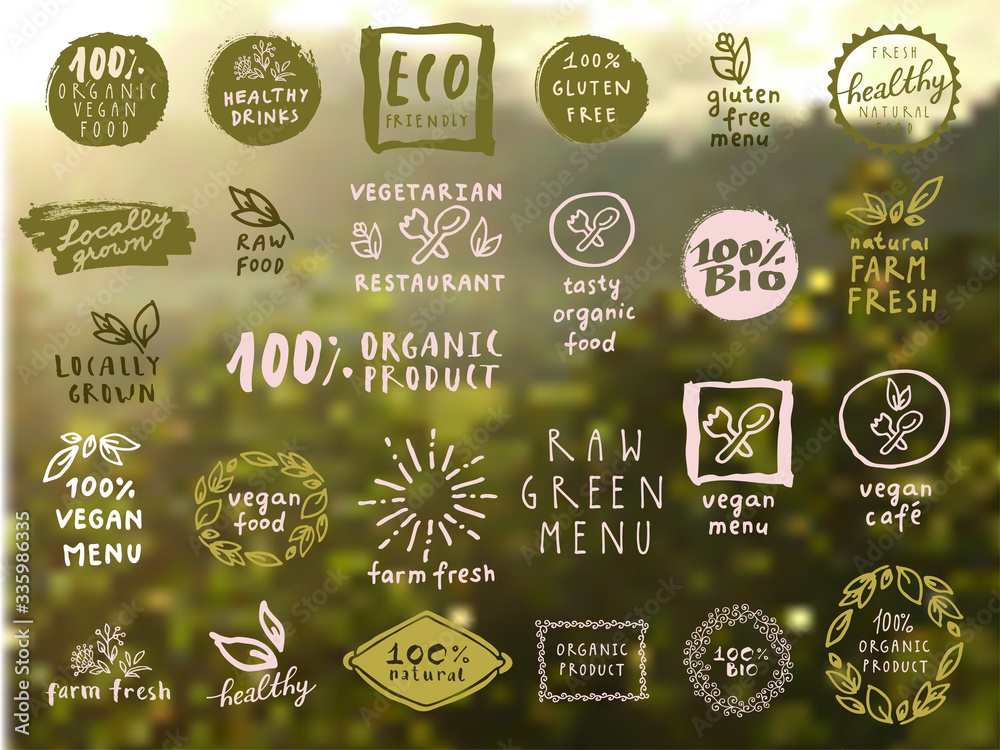 Organic food labels set. Quarantine home food delivery service logo ...