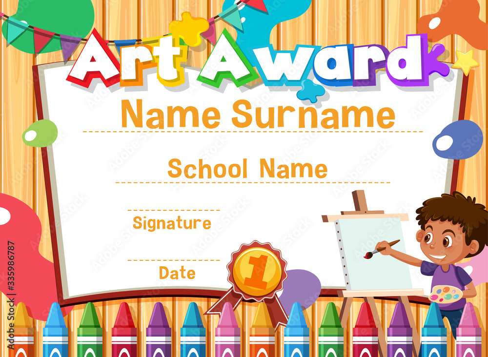 Certificate template for art award with kid painting in background ...