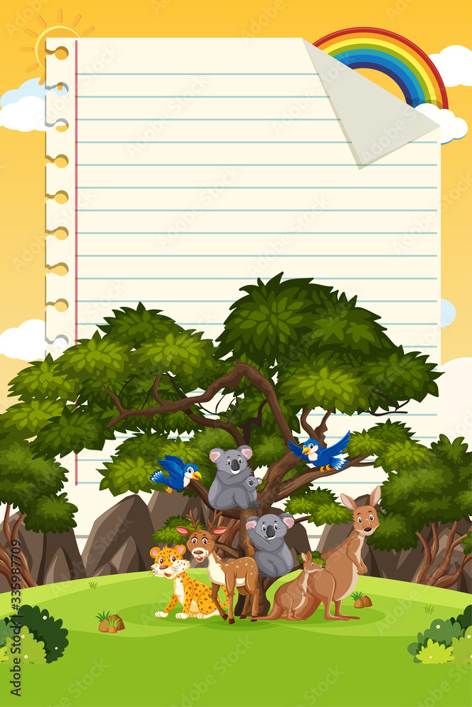 Border template design with many wild animals in background Stock ...
