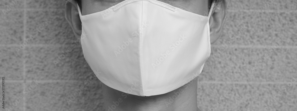 Panorama gray and white image. People wearing mask to protect virus ...