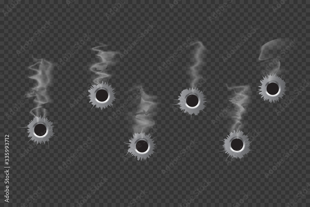Realistic Bullet holes Set. Isolated on transparent background. Vector ...