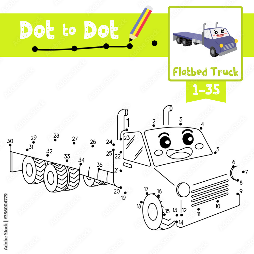 Dot to dot educational game and Coloring book of Flatbed Truck cartoon ...