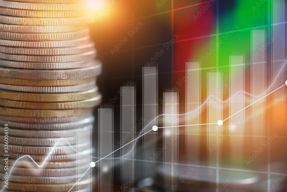 Double exposure of coin stack and trading graph. candlestick chart ...