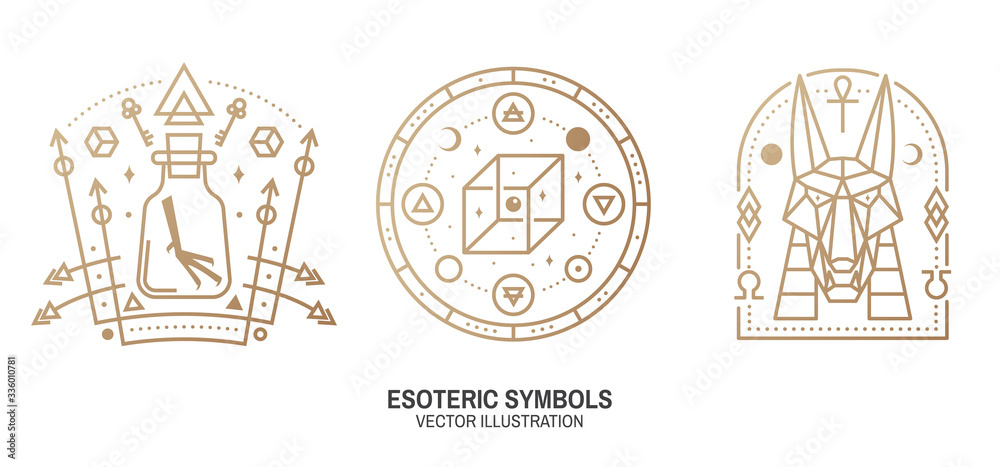 Esoteric symbols. Thin line geometric badge. Outline icon for alchemy ...