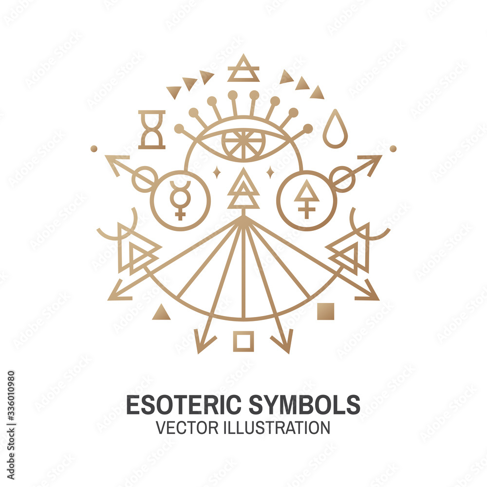 Esoteric symbols. Vector. Thin line geometric badge. Outline icon for ...
