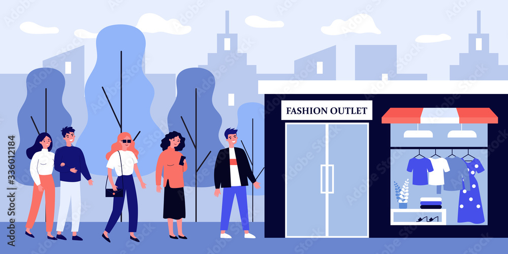 Queue of people waiting trendy fashion outlet opening. Customers ...