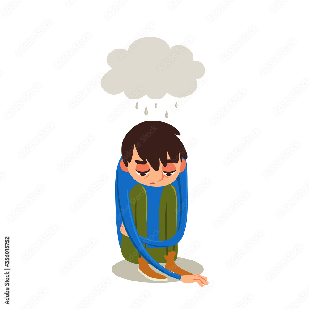 Young man sitting on floor with gray cloud of sad thoughts. Vector ...