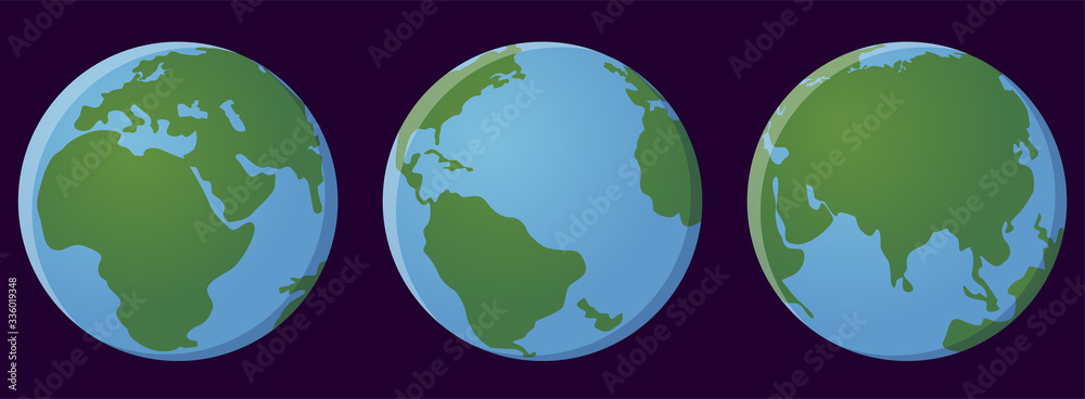 Vector illustration of the Earth planet, globe in differen positions ...