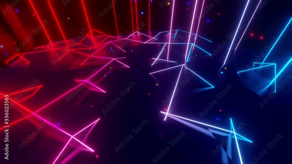 Neon linear lamps with gradient glow of red-blue color over a low poly ...