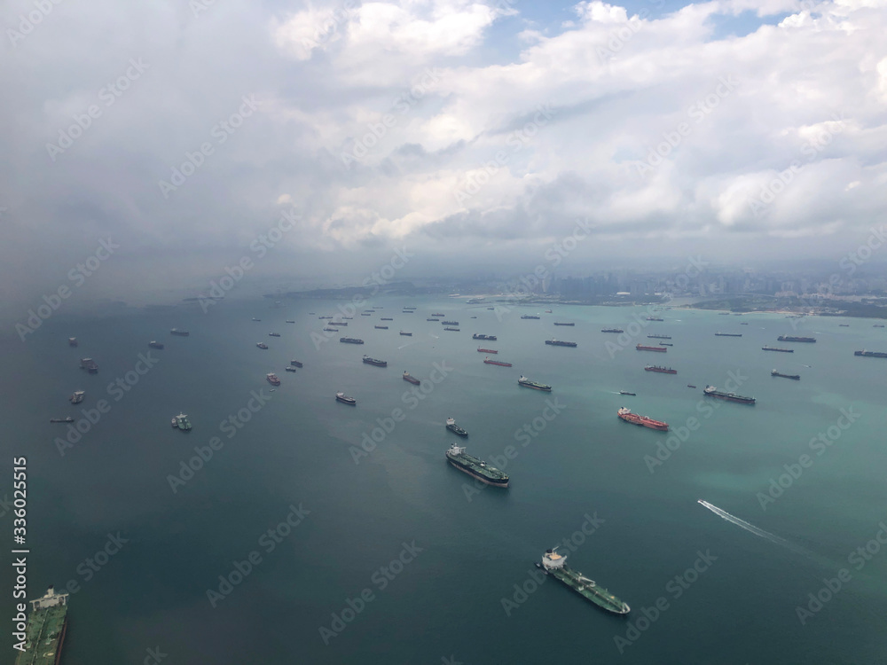 Landscape from bird eye view seascape of dense rows of cargo ship from ...