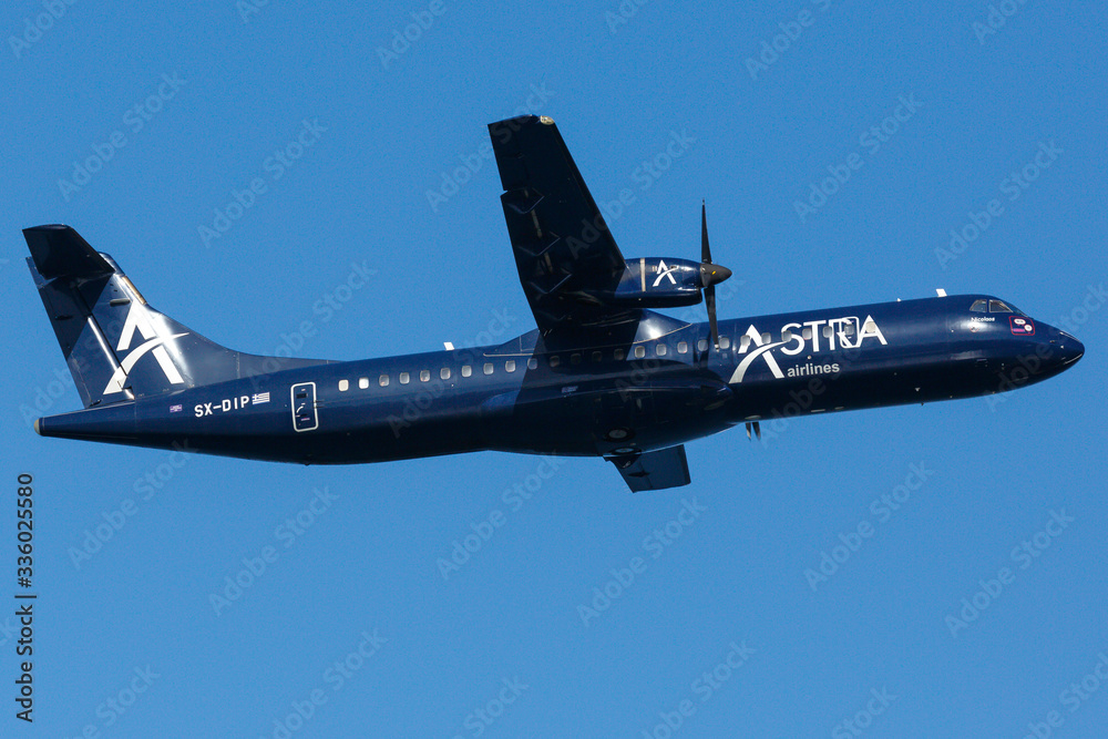 Astra Airlines ATR-72 airplane at Corfu airport Stock Photo | Adobe Stock
