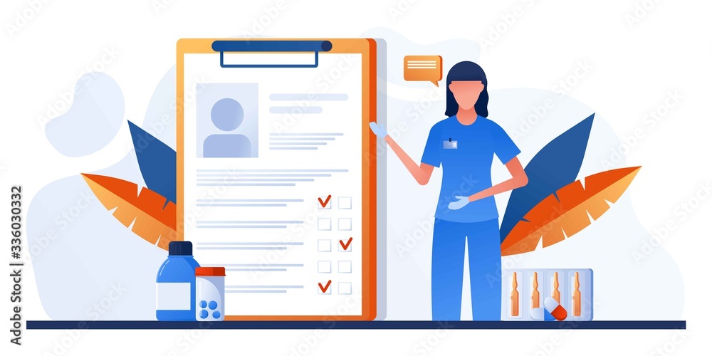 Medical health check up. Nurse standing near board of health check list ...