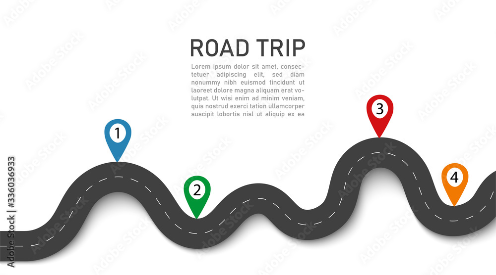 Road trip. 3D journey with gps navigation, location in street. Winding ...