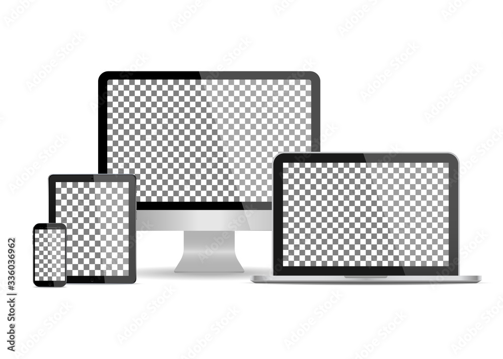 Mockup of computer monitor, laptop, tablet, phone isolated on white ...