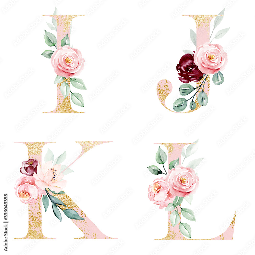 Alphabet floral, letters set with watercolor painting flowers and leaf ...